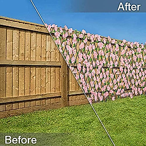 HACSYP Expandable Faux Privacy Fence Wooden Retractable Fence Expanding Fence Hedge Screening with Artificial Flower Leaves | Garden Privacy Protective Screens Trellis Fence Panels