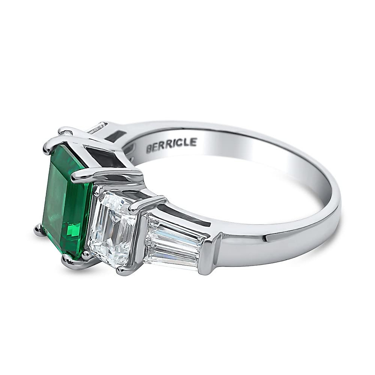 BERRICLE Sterling Silver 3-Stone Wedding Engagement Rings Simulated Emerald Cubic Zirconia CZ Cocktail Anniversary Ring for Women, Rhodium Plated Size 5