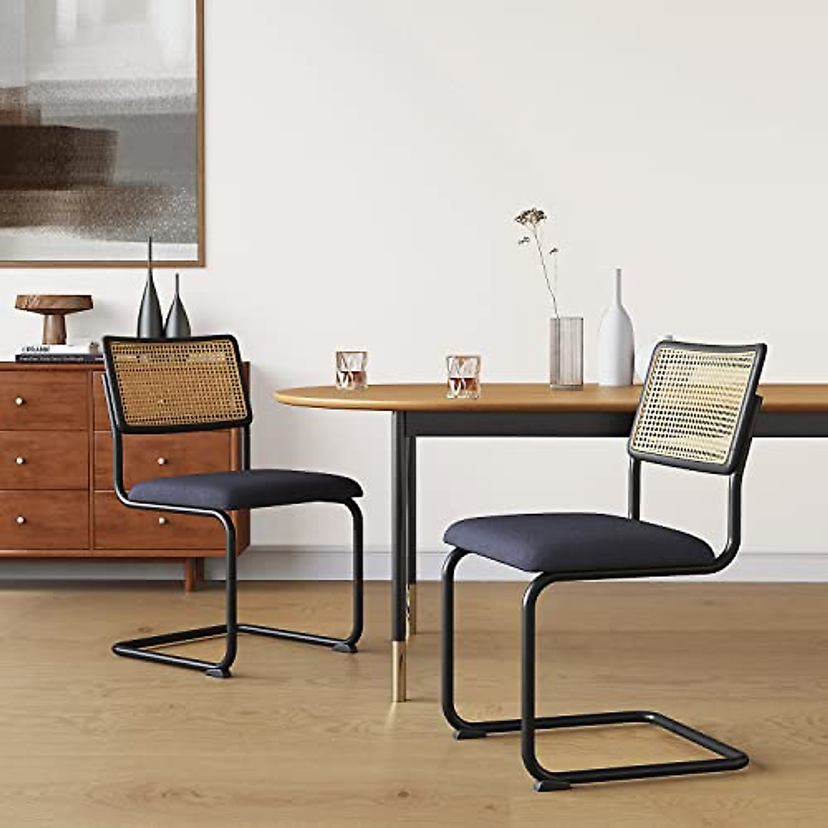 GrandNoor Rattan Dining Chairs,Wooden Mid-Century Modern Kitchen Chairs, Armless Mesh Back Cane Chairs, Upholstered Boucle Chairs with Metal Chrome Legs, Set of 2 (Black, 2PCS-Dining Chairs)