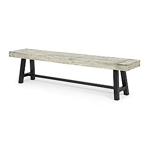 GDFStudio Outdoor Acacia Wood Bench, Sandblast Light Gray Wash and Black Metal