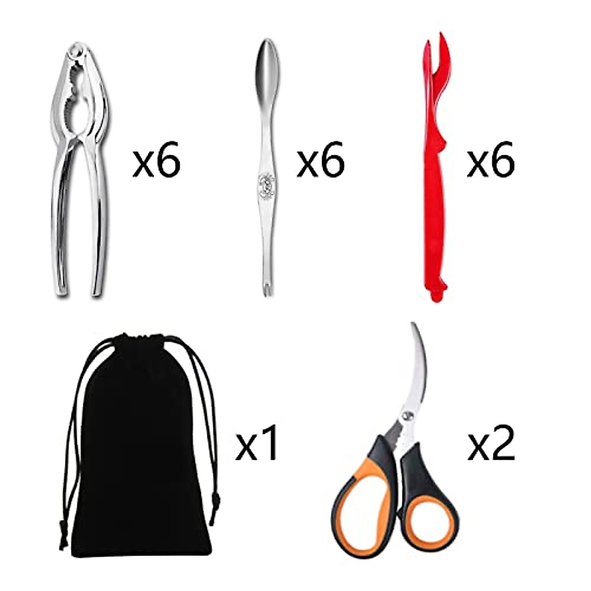 Artcome 21 Piece Seafood Tools Set - 6 Crab Crackers, 6 Lobster Shellers, 6 Wide Crab Forks, 2 Seafood Scissors and 1 Storage Bag