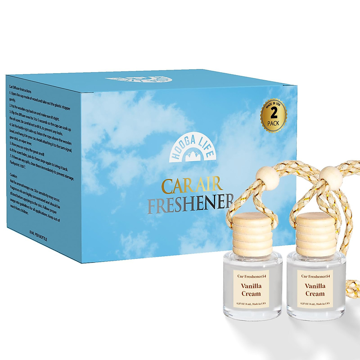 HoogaLife Car Air Freshener Diffuser 2 Pack Hanging Air Freshener Diffuser - Vanilla Cream Fragrance Oil Air Diffuser for Car, 45+ Days Long Lasting Fragrance Made in USA Car Air Fresheners