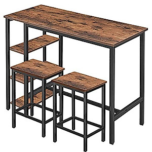 MUPATER High Industrial Bar Dining Table Set with Storage Shelves, Tall Counter Height Bar Table with Two Bar Stools and Foot Pads for Home, Kitchen and Living Room, Rustic Brown