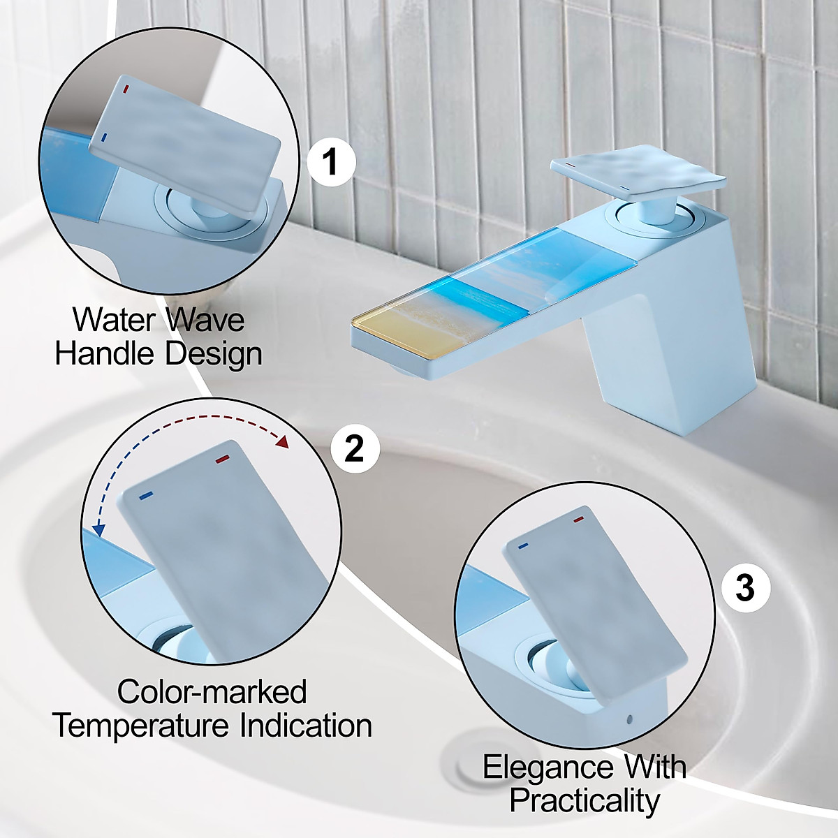 Bathroom Faucet for Sink 1 Hole,Blue Modern One-Handle Single Hole Bathroom Faucet,Brass Sink Vanity Faucets with Supply Hoses for RV Lavatory Restroom