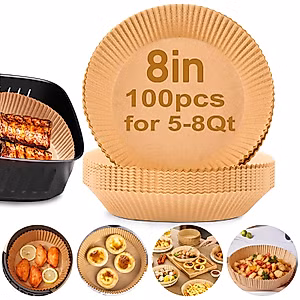 SUREHOME Air Fryer Liners Disposable, Air Fryer Disposable Paper Liner, 100Pcs Airfryer Liners 8 Inch Parchment Paper for Air Fryer Basket 5-8Qt Non-Stick Air Fryer Paper Liners Round Air Fryer Sheets