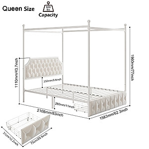 Keyluv Queen Upholstered Canopy Bed Frame with 2 Drawers and Button Tufted Headboard, Metal Platform Bed with 4 Removable Posts Two-Purpose Velvet Bed No Box Spring Needed, Beige/Curtains Not Included