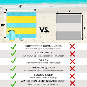 AQUATUS Premium XXL Beach Blanket Sandproof Water Resistant Quick Dry Mat 10ft by 9ft for 1-8 Adults with 4 Metal Stakes, 4 Corner Pockets, Secure Clip and Strap, and Attached Bag