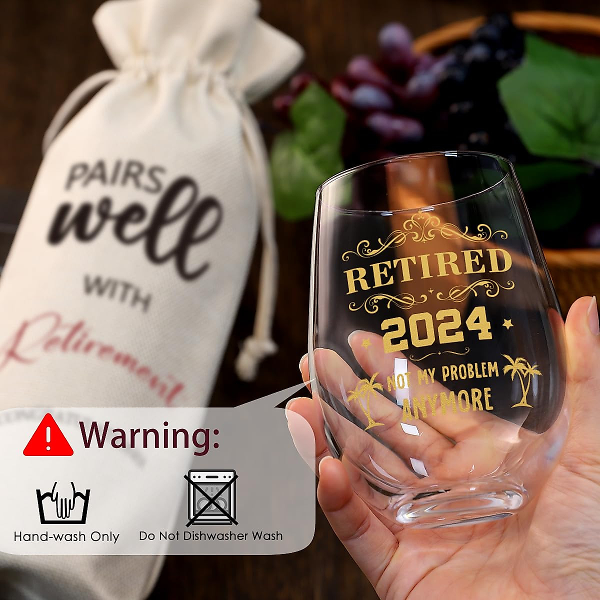 Retirement Gifts for Women Men- Retired 2024 Not My Problem Anymore Happy Retirement Gifts for Her Him Colleague Leader Boss Teacher Friend Nurse Coworker Retirement Wine Glass & Bottle Gift Bag Set