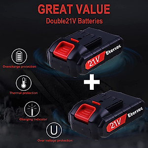 Etersec Cordless Drills Set 21V Electric Power Drill Kit with 2 Lithium-ion Batteries and 1 Fast Charger 3/8-Inch Keyless Chuck 2-Variable Speed 25+1 Torque Setting For Drilling Wood Wall