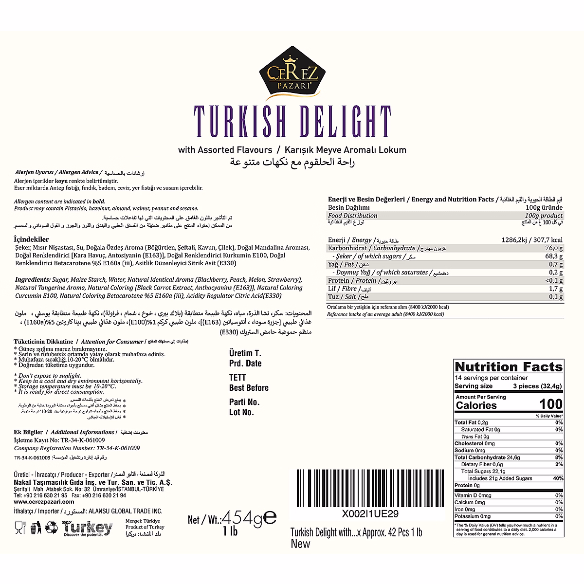 Cerez Pazari Turkish Delight Candy With Assorted Flavors, Gourmet Medium Size Snacks Gift Box, Sweet Luxury Traditional Confectionery Loukoumi, Vegan Lokum, Approx. No Nuts, 42 Pcs, 16 oz.