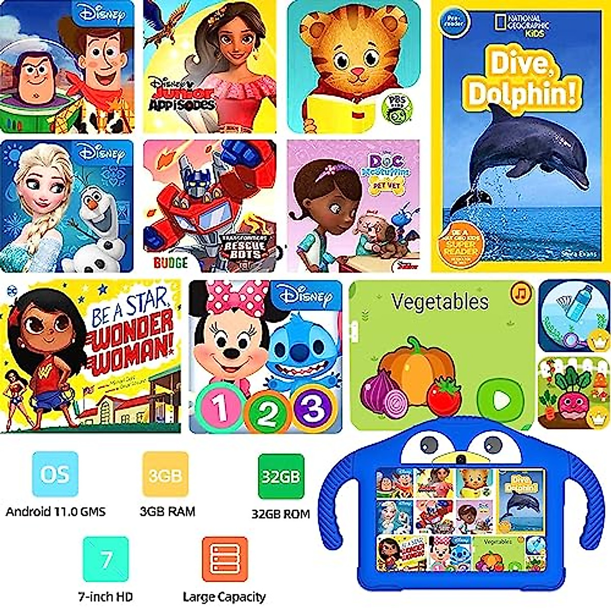 NORTH BISON Tablet for Kids 2-5, 7 inch Android 11 Tablet for Kids, 3GB 32GB Toddler Tablet with Bluetooth, WiFi, GMS, Parental Control, Dual Camera, Shockproof Case, Educational, Games