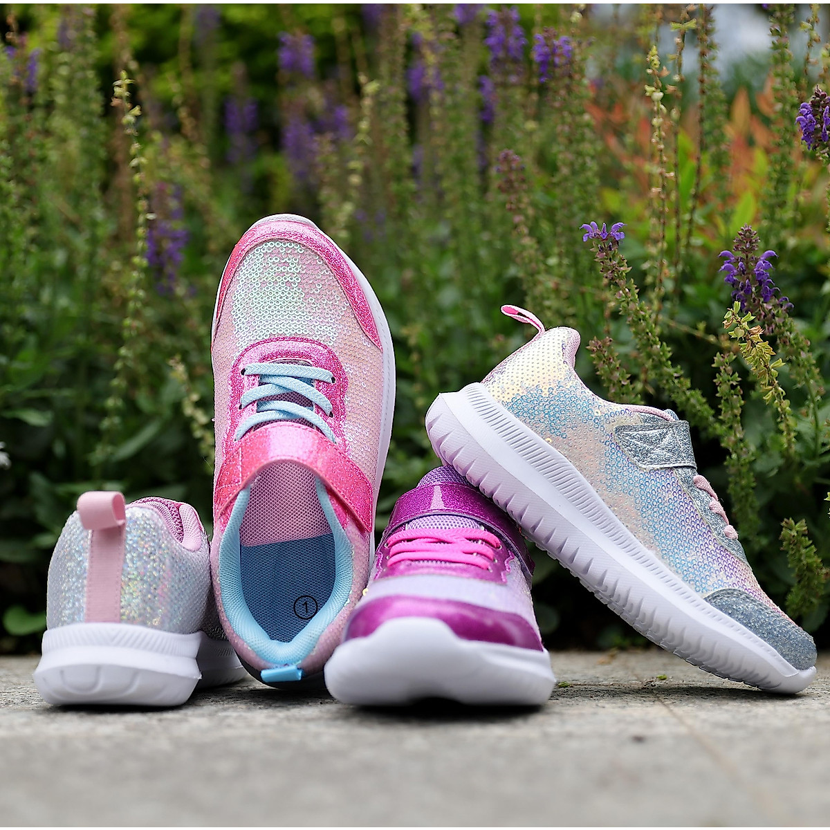 Toandon Little Girls Kids Sneakers Sequins Shoes Breathable Lightweight Elastic Band Athletic Sport Running Walking Fashion Child Strap Non Slip Hook and Loop Closure Sneakers Pink Blue Size 2