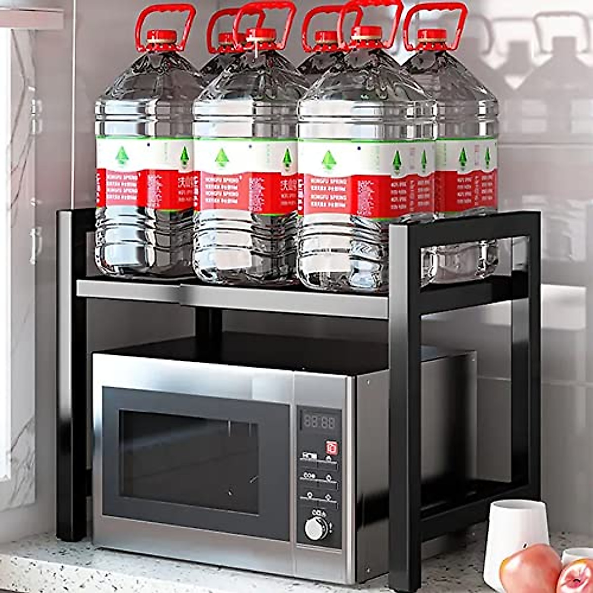 SIMCAS Extendable Microwave Oven Rack, 2-Tier Microwave Stand/Toaster Shelf Heavy Duty Kitchen Countertop Organizer Shelf, 160lbs Weight Capacity, Easy Installation Carbon Steel Upgraded Bearing,Black