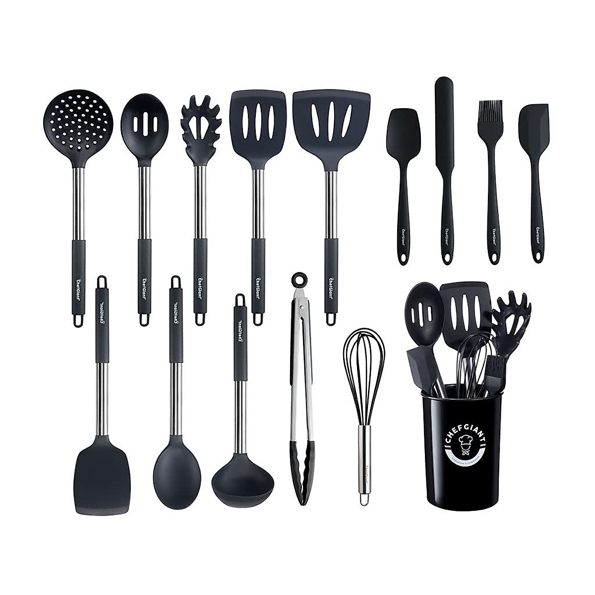 Chef Giant Silicone Kitchen Utensil Set | 15-Piece Stainless Steel Cooking Tool Kit with Holder, Spatula, Ladle, Pasta Server, Tongs, Whisk & More | Heat Resistant, BPA Free, Dishwasher Safe | Black