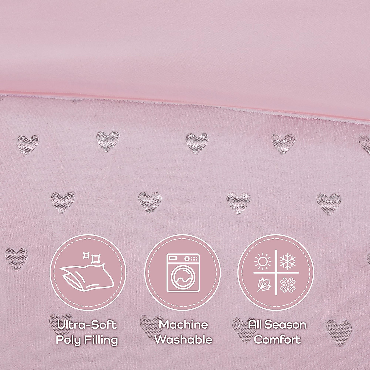 Mi Zone Rosalie Comforter Set for Girls, Ultra-Soft Microlight Plush Metallic Printed Hearts Brushed Reverse Overfilled Down Alternative Hypoallergenic All Season, , Full/Queen, Pink/Silver, 4 Piece