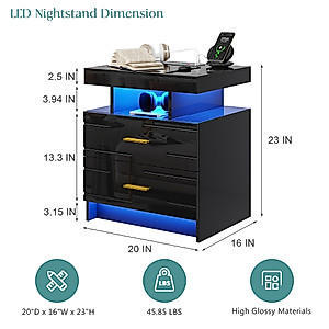 Lareth Smart Nightstand with LED Lights and Charging Station Wooden End Table with 2 Drawers High Glossy Bedside Cabinet Telephone Table for Bedroom Small Space, 20x16x23 inches, Black