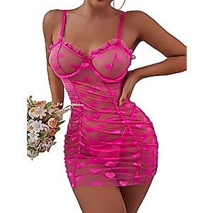 SOLY HUX Women's Sexy Heart Mesh See Through Lingerie Babydoll Sleepwear Sleeveless Ruffle Chemise Nightgown with Thong Solid Hot Pink S
