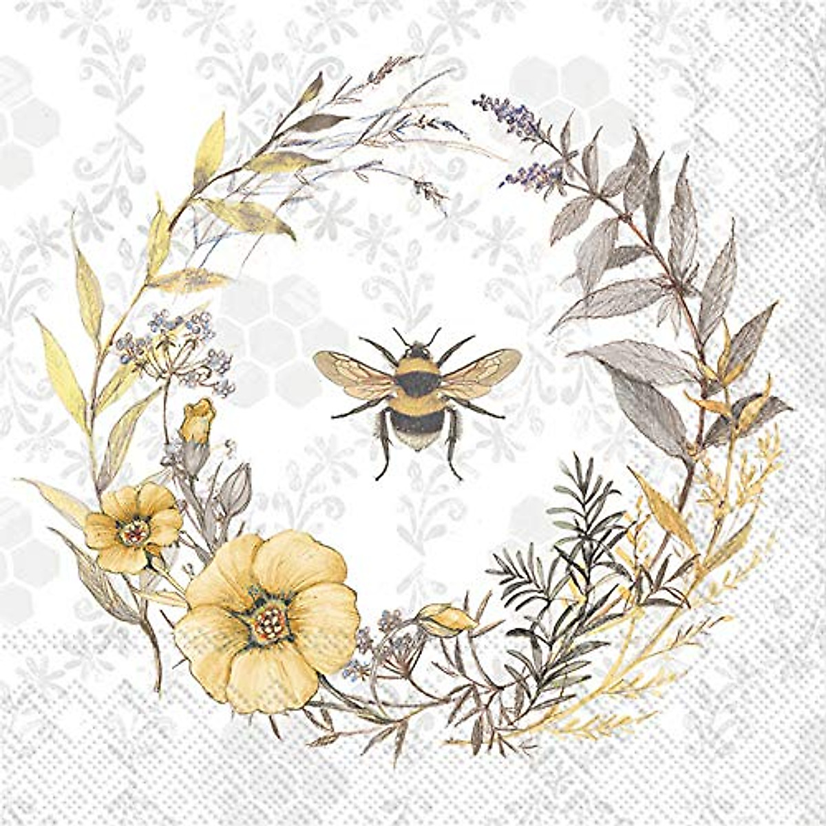 Boston International IHR 3-Ply Cocktail Beverage Paper Napkins, 20-Count, 5 x 5-Inches, Bee Wildflower Wreath