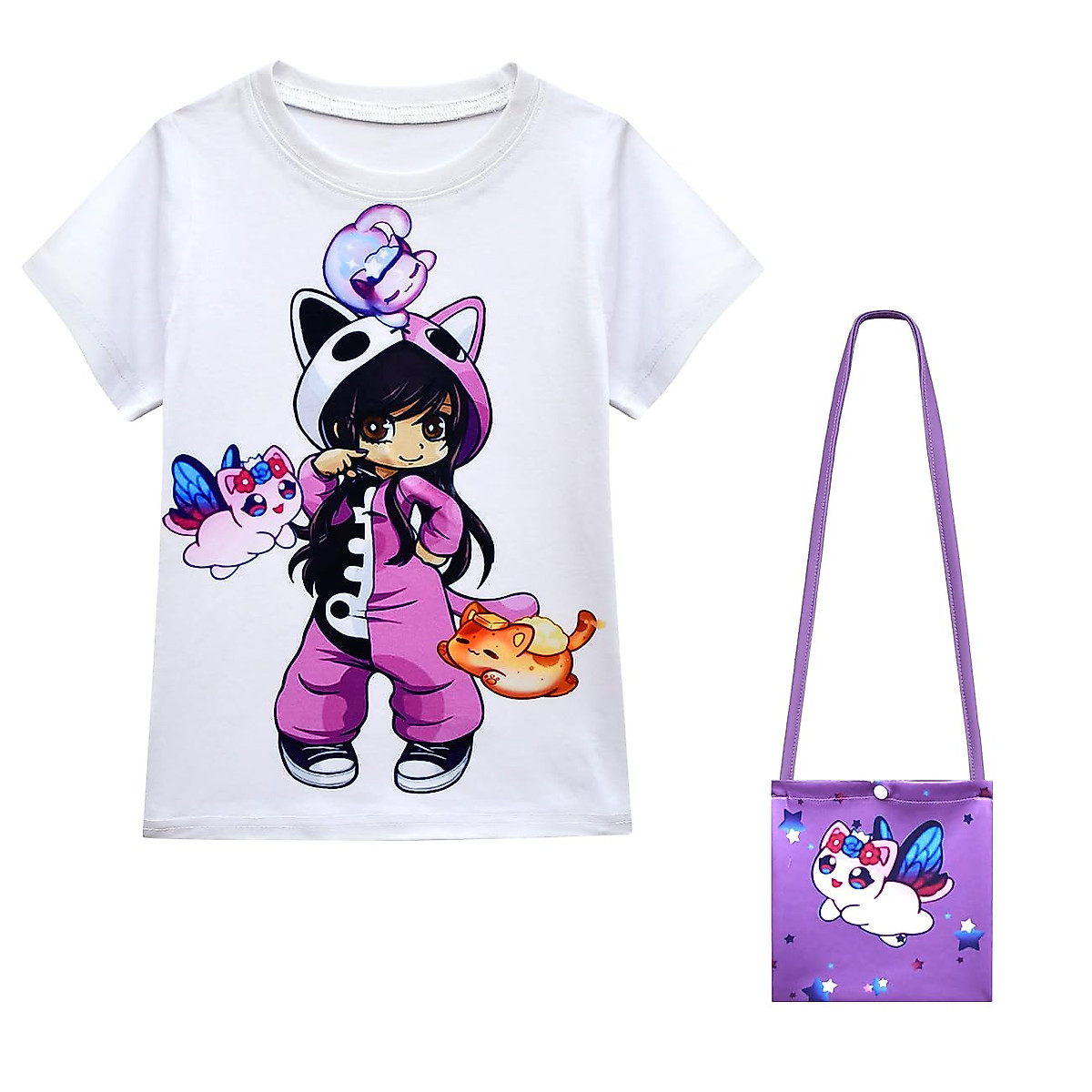 NOLLAM Fashion 3D Printing Game Short Dress Set Short Sleeve Shirt 3 Piece Set (purple, S)