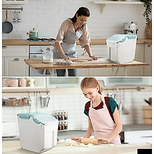 Sunnyray 4 Pcs 55 lbs Grain Rice Storage Container Blue Flour Bin with Wheels Cup Leak Proof Pet Food Storage Boxes Seal Locking Lid Plastic Rice Containers Set for Cereal Flour Cat Dog Food Kitchen