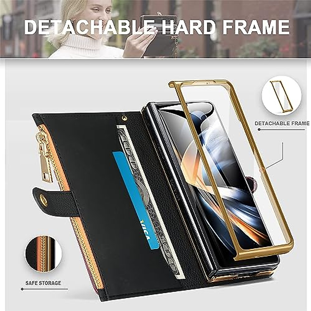 Wallet Case for Samsung Galaxy Z Fold 5 2023, Luxury Electroplated Golden Frame Lanyard Strap Zipper PU Leather Magnetic Closure Flip Folio Case with Card Holder S Pen Holder,Brown