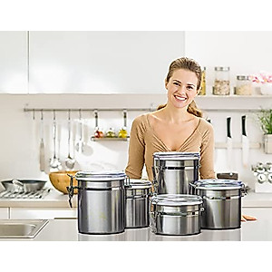 5pc Stainless Steel Canister Set with Clear Acrylic Lids & Clamp Airtight Durable & Stackable Food Storage Container for Kitchen Counter & Pantry, Tea, Sugar, Coffee, Flour, Rice, Pasta, Spices, Herbs
