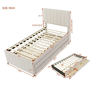 FANYHOME Upholstered Platform Bed, Twin Size Wooden Bed Frame with Pull-Out Twin Size Trundle and 3 Drawers, Wood Slat Support, No Box Spring Needed, Linen Fabric, Beige