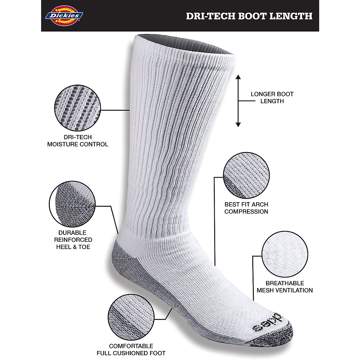 Dickies Men's Multi-Pack Dri-tech Moisture Control Boot-Length Socks, White (6 Pairs), Shoe Size: 6-12