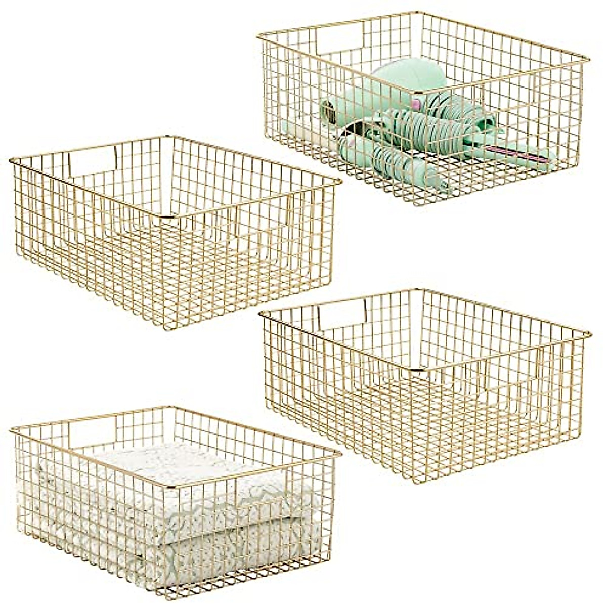 mDesign Metal Wire Bathroom Storage Basket Organizer with Handles - Organize Master/Guest Bathrooms, Linen, Hallway, or Entryway Closets, Bedroom, Laundry Room, Concerto Collection, 4 Pack, Soft Brass