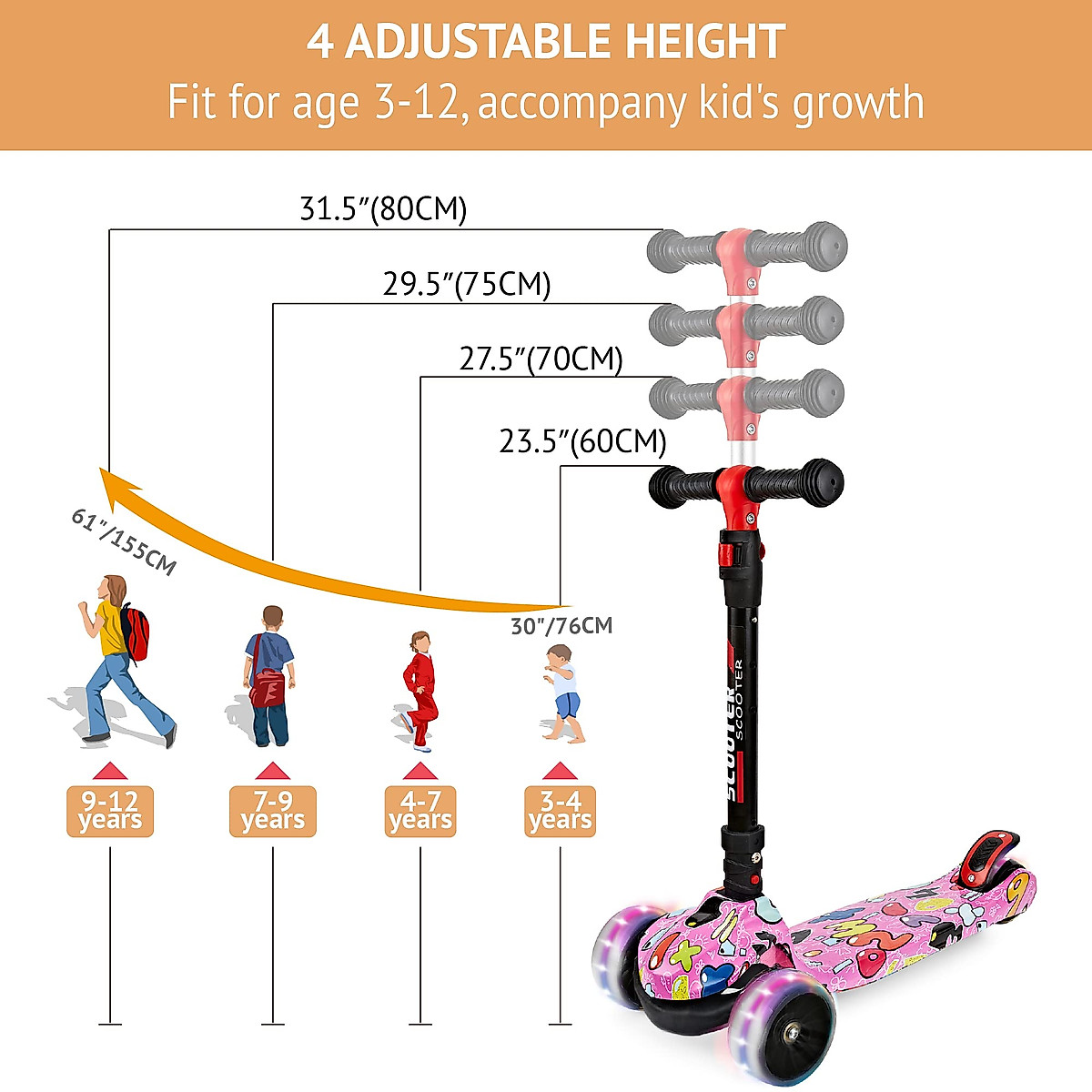Scooter for Kids Ages 3-12, Foldable & Height Adjustable Kids Scooter with Graffiti Bodywork, Non-Slip Deck and Extra Wide PU Light-up Wheels (200 Lbs Weight Capacity)