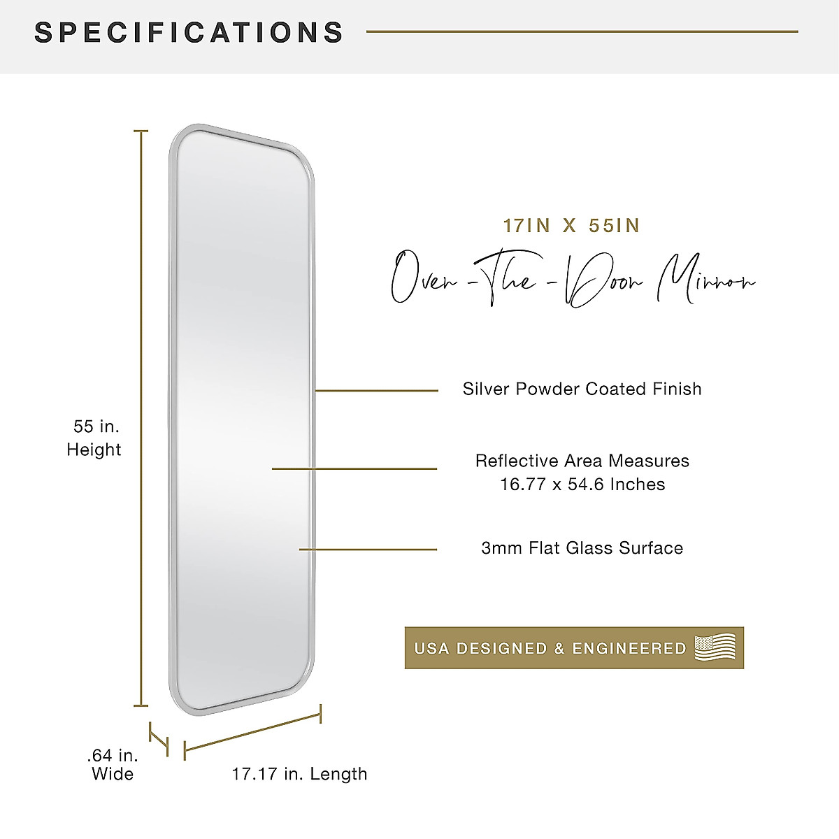 MCS Metal Over The Door Mirror With Rounded Corners, Full Length Hanging Mirror for Bedroom and Bathroom Doors, Silver, 22 x 55 in