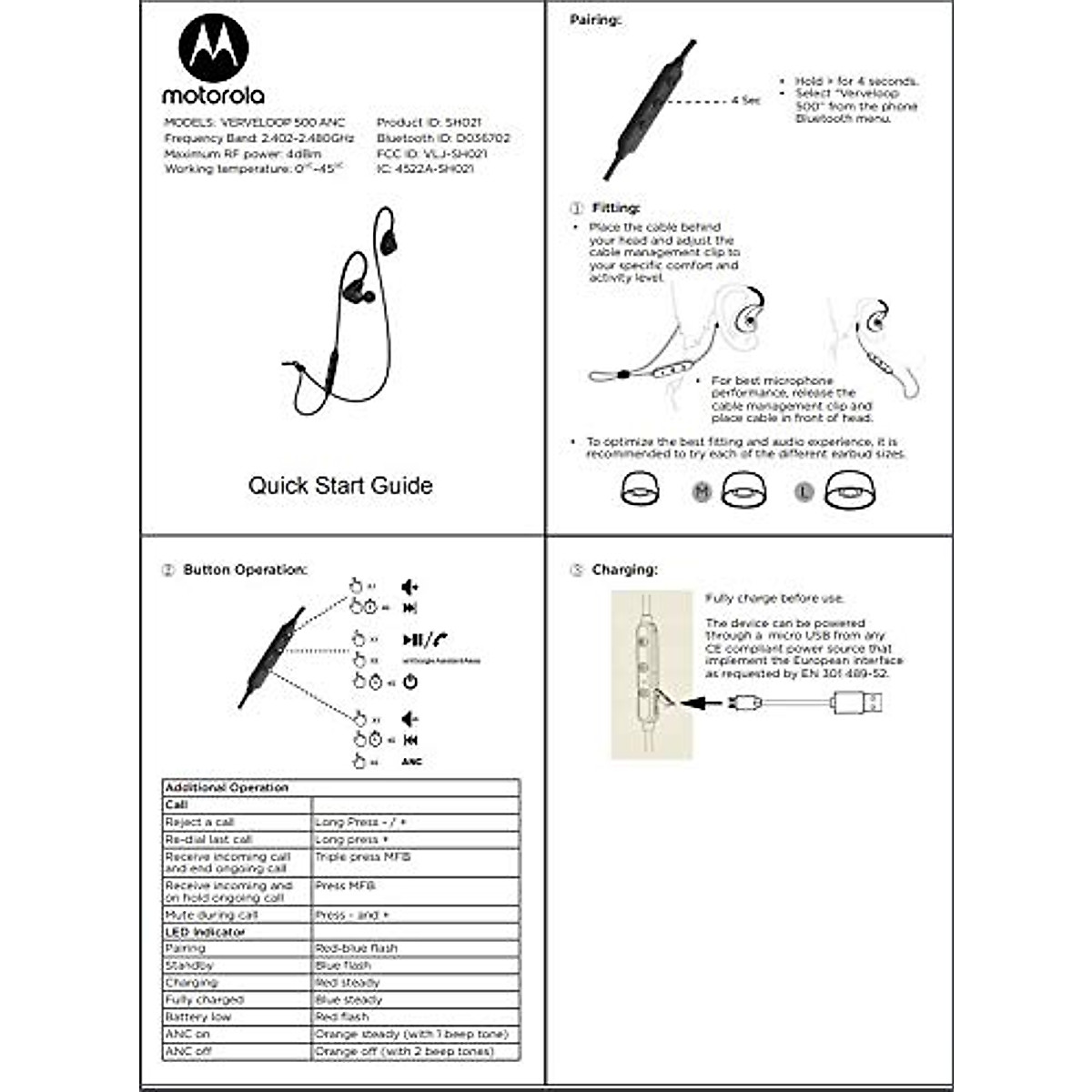 Motorola Verve Loop 500 ANC Sweat & Water Resistant Stereo Bluetooth 4.2 Earbuds "Siri & Google" Compatible (Retail Packing Kit) - Black