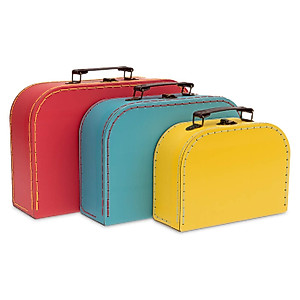 Jewelkeeper Decorative Storage Boxes Set of 3 - World Map Mini Suitcase Style Cardboard Suitcase with Brass Clasps and Handle - Ideal for Travel Decor, Event Props and Gift Presentation