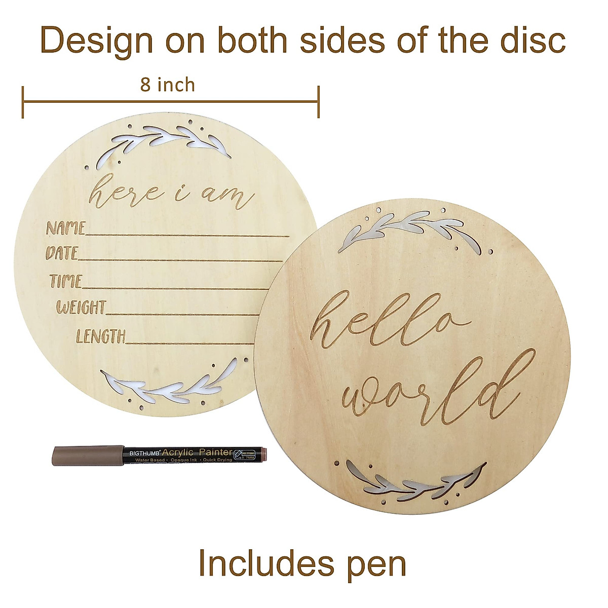 8 inch Large Baby Birth Announcement Sign for Hospital, 2 Sided:Hello World Newborn Sign/Baby Announcement Sign. Incl. Acrylic Marker ink pen (Light)