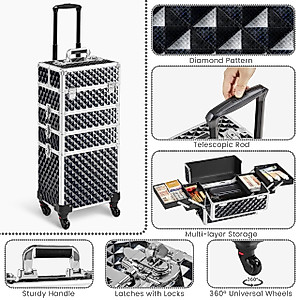 Yaheetech Professional Makeup Train Case 4 in 1 Cosmetic Trolley Nail Tech Travel Case Rolling Makeup Organizer Salon Barber Case with Wheels Hairstylist