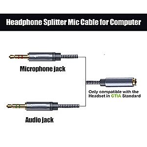 RonFin 2-Pack Headphone and Microphone Splitter Cable, Headphone Splitter Y 3.5mm Audio Cable TRS Splitter Port Gaming Headset Splitter Pc Earphone Adapter VoIP Phone
