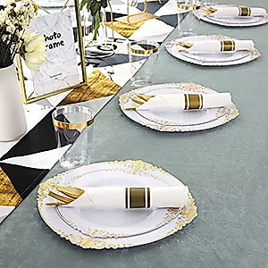 Nervure 350PCS White and Gold Plastic Plates & Pre Rolled Napkins with Plastic Cutlery for 50 Guests-Gold Disposable Plates, 150 Gold Plastic Silverware, 50Cups, 50Napkins for Party & Wedding