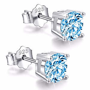 925 Sterling Silver Round-Cut Blue Cubic Zirconia Stud Earrings 3mm-8mm Options, Simulated Diamond CZ Studs Hypoallergenic Jewelry (4mm)