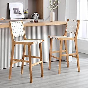 GOOLON Faux Leather Bar Stools Set of 2, 29" Bar Height Stools for Kitchen Island, Modern Farmhouse Barstools with Woven Back Comfy Seat Wood Frame and Footrest for Home Pub Patio, White