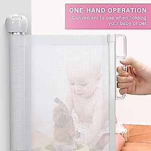 Retractable Baby Gate Extra Wide- 34” Tall Extends Up to 54” Wide Safety Mesh Stairs Gate for Kids or Pets Dogs Gate for Doorways/Banister/Hallways/Deck/Indoor/Outdoor -Wall Spacer Kit Included