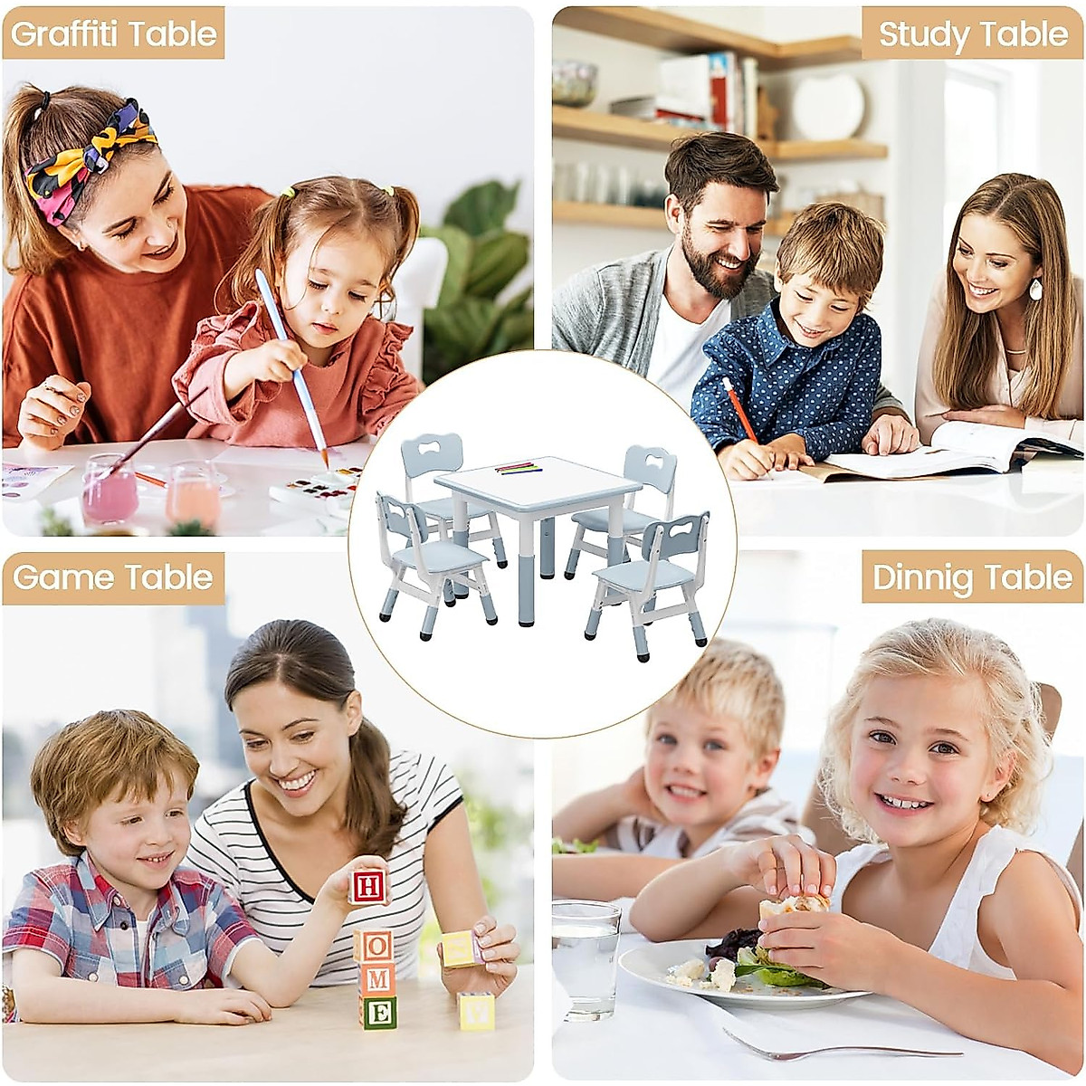 GAOMON Toddler Table and 4 Chairs Set with Graffiti Desktop, Height Adjustable Kids Table and Chairs Set, Non-Slip Legs, 4 in 1 Activity Table Play Table for Reading, Drawing, Playing, Eating