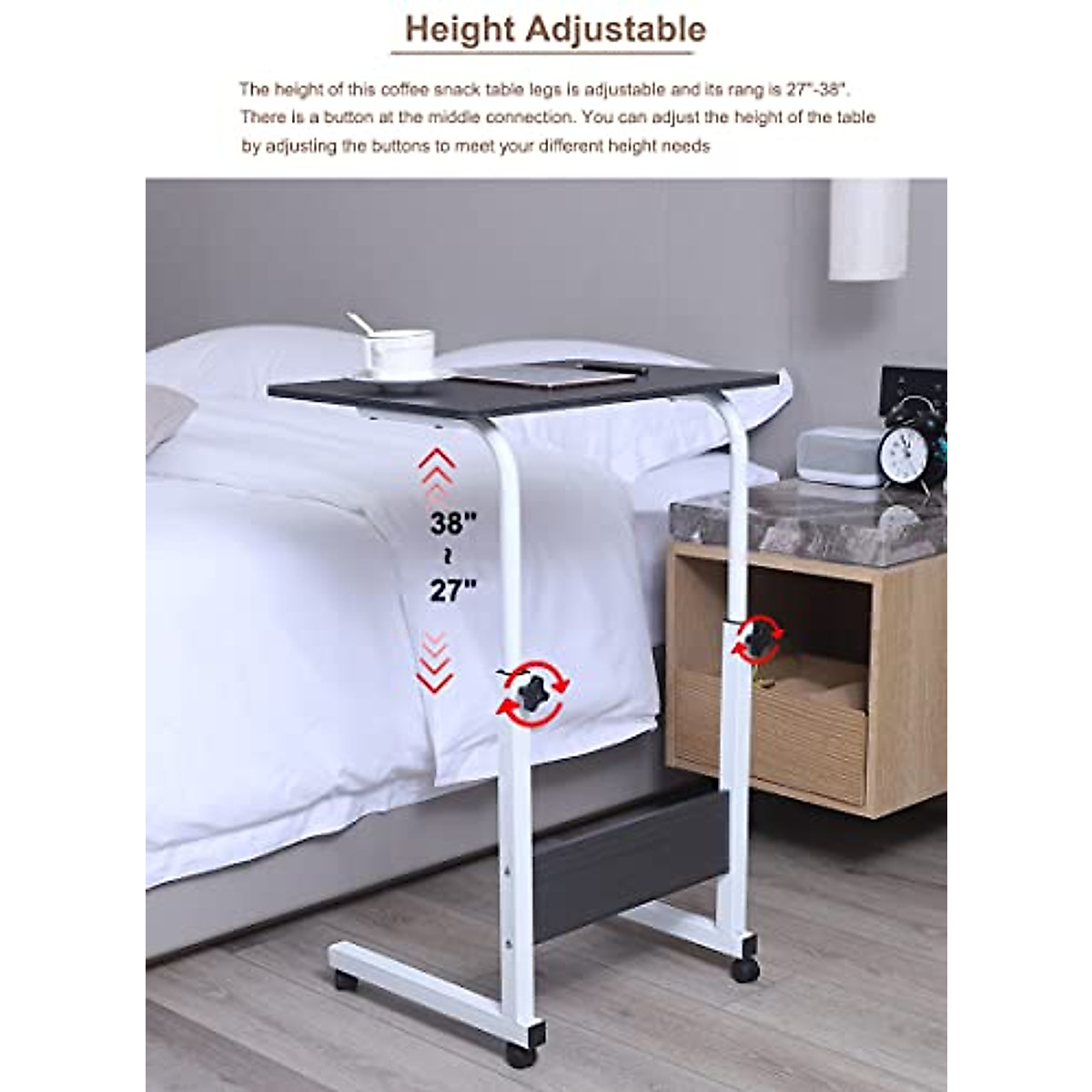Aduyiuce Small Desk with Wheels - Height Adjustable from 27'' to 38'' Standing Portable Mobile Work Rolling Compact Couch Desk Tray Table for Small Space Couch Laptop Over Treadmill Desk Home Office