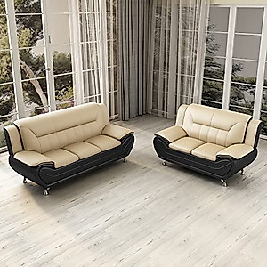 Container Furniture Direct Michael Modern Faux Leather Upholstered Stainless Steel Legs Living Room, Sofa, Loveseat, Black Camel