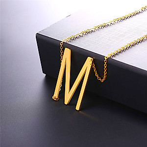 U7 Sideways Large Initial Necklaces 18K Gold Plated Big Letter Script Name Necklaces Statement Alphabet Pendant M Necklace for Women Gift