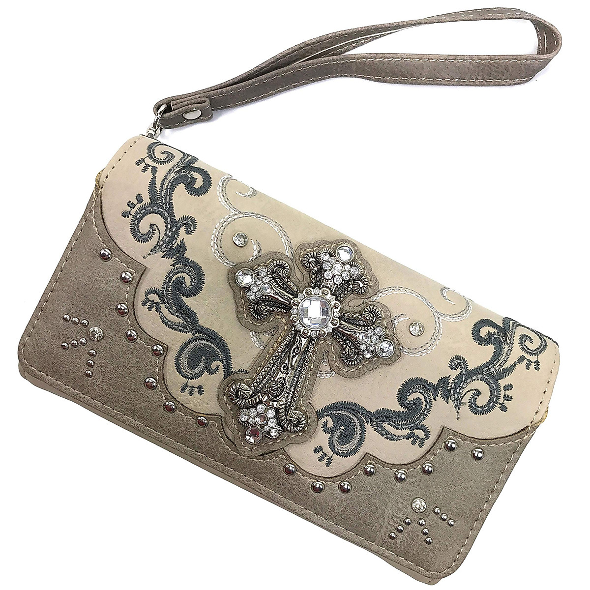 Zelris Western Silver Cross Turquoise Women Crossbody Wrist Trifold Wallet (Beige)