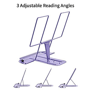 MSDADA 2pc Metal Book Stand for Desk, Adjustable Reading Rest Book Holder, Portable Cookbook Documents Holder, Sturdy Typing Stand for Recipes Textbooks Tablet Music Books with Page Clips (Purple)