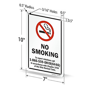 SmartSign 10 x 7 inch “No Smoking - to Report Violations Call 1-866-559-Ohio(6446) in Accordance with Chapter 3794” Ohio State Sign, Digital Printing, 55 mil HDPE Plastic, Red, Black and White
