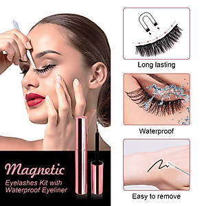 Magnetic Eyelashes with Tweezers and Waterproof Eyeliner, Reusable 3D Magnetic Eyelashes, Natural Look Magnetic Lashes Kit with 5 Styles Dramatic Long Eyelashes Faux Mink Lashes, No Glue (10 Pairs)