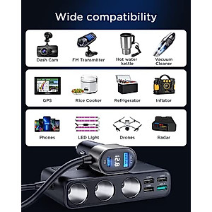 Car Charger Cigarette Lighter Splitter: Joyroom 154W 3 Socket Cigarette Lighter Adapter with PD/Dual QC 3.0 Ports, Separate Switch LED Voltage Display Car Charger Adapter for All Phones & Car Devices