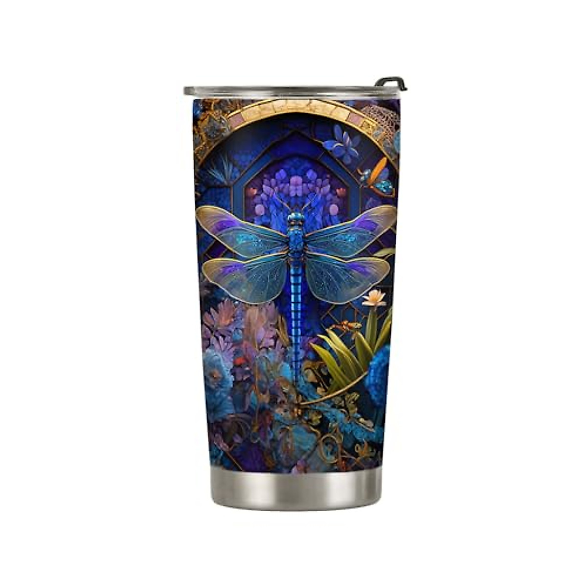 20oz Blue Stained Glass Mosaic Crystal Dragonfly Tumbler, Gifts for Dragonfly Lovers, Coffee Thermos for Women, Stainless Steel Double Wall Vacuum Insulated Coffee Mug, Travel Cup with Lid - D